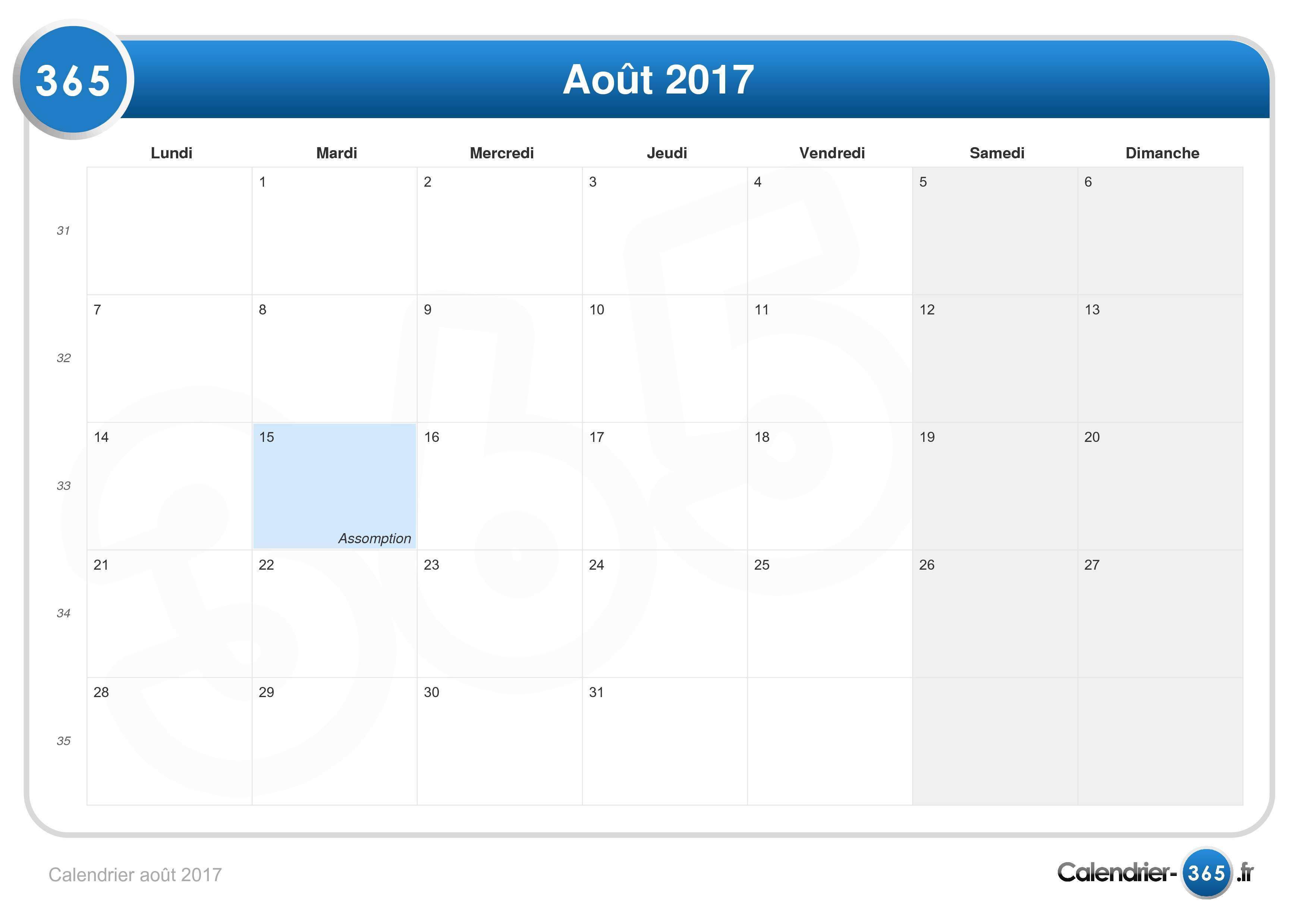 Calendrier août 2017